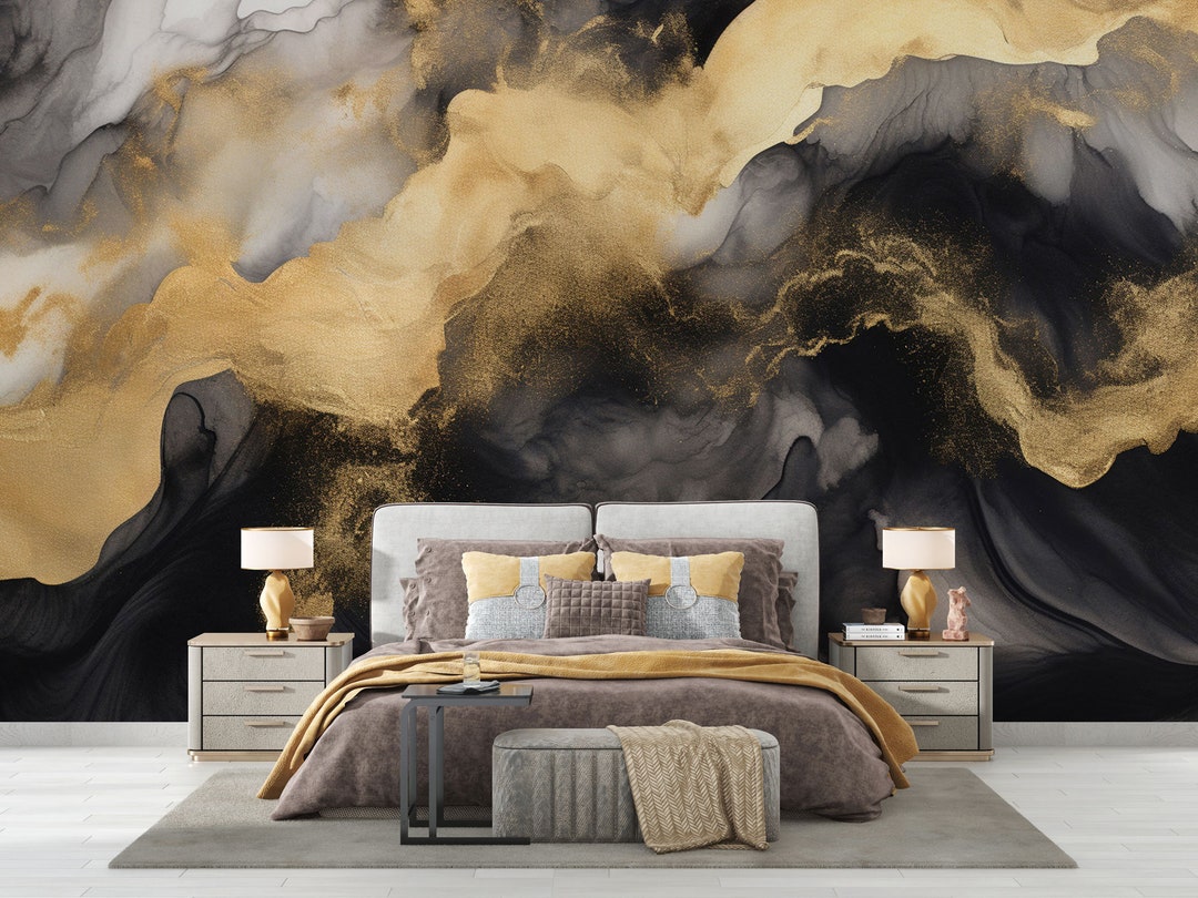 Custom Sizes Marble Pattern Wall Mural, Black Gold View Marble Design ...