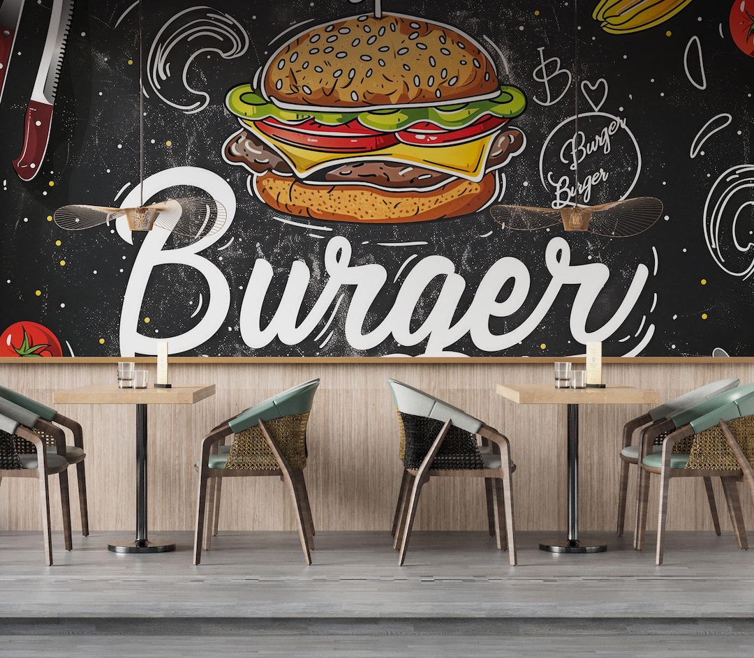 Fast Food Peel and Stick Wallpaper, Burger Shop Traditional Wall Mural ...