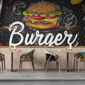 Burger Shop Wallpaper Mural: Fast Food Cafe Wall Mural Decor, Peel and ...