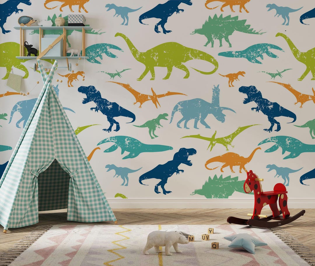 Colorful Dinosaur Wallpaper, T-rex Nursery Wall Mural for Boys ...
