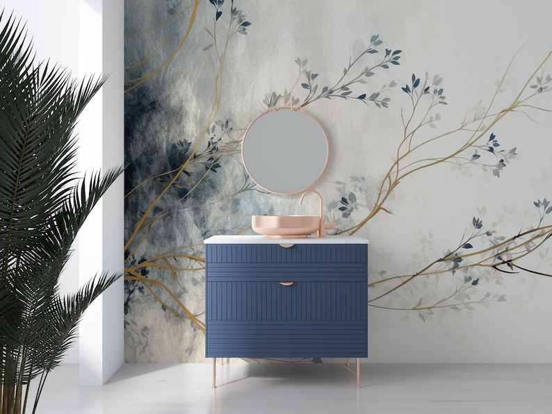 Gray Blue Floral Botanical Peel and Stick Wallpaper - Chinoiserie Tree ...