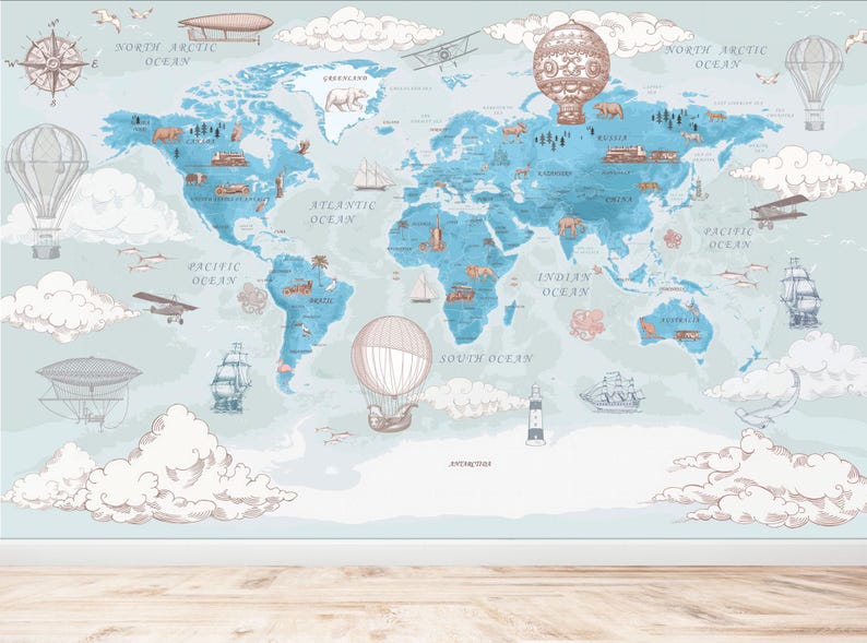 Kids World Map Wallpaper: Peel and Stick Animals Nursery Mural - Etsy