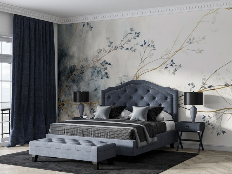 Gray Blue Floral Botanical Peel and Stick Wallpaper - Chinoiserie Tree ...