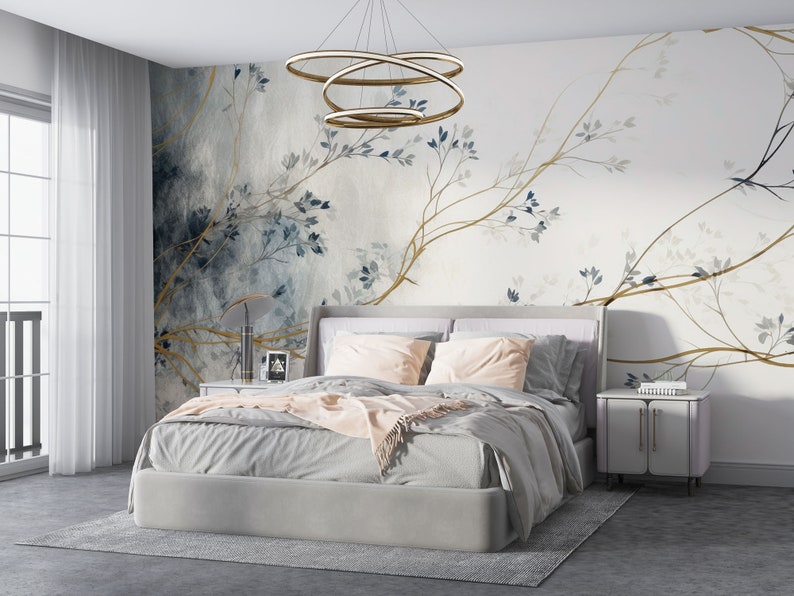 Gray Blue Floral Botanical Peel and Stick Wallpaper - Chinoiserie Tree ...
