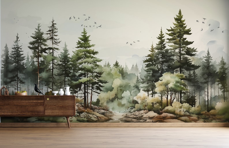 Forest Mountain Nursery Wallpaper Mural: Peel and Stick Kids Room Decor ...