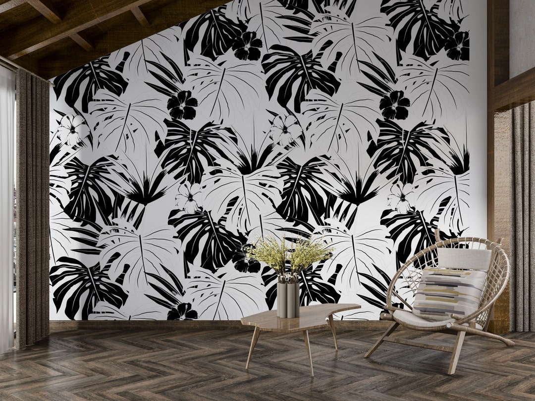 Black White Leaf Wall Mural, Tropical Big Leaves Removable Wallpaper ...