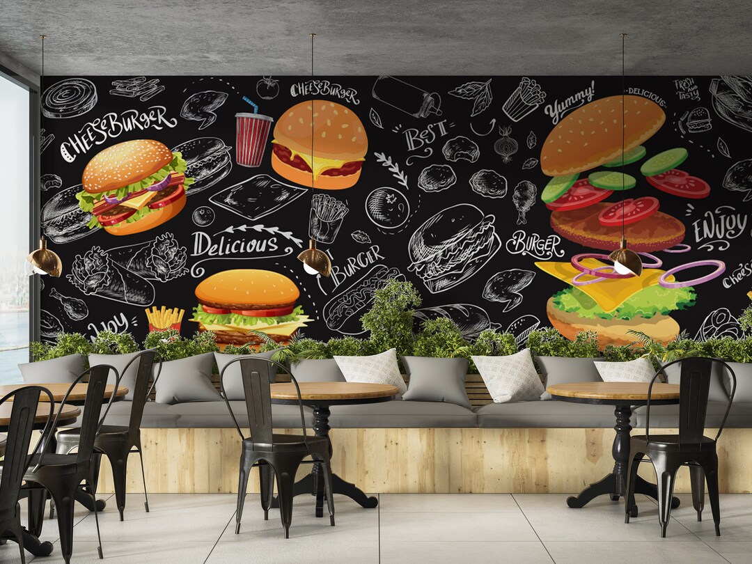 Fast Food Restaurant Mural: Customizable Kitchen Cafe Wallpaper ...