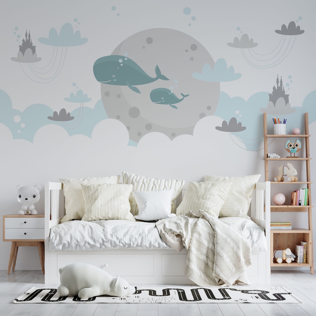 Blue Color Watercolor Kids Wallpaper, Sky Cute Whale Clouds Self ...