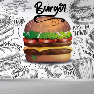 Burger Wall Mural: Hand-drawn Fast Food Wallpaper for Diner Decor - Etsy