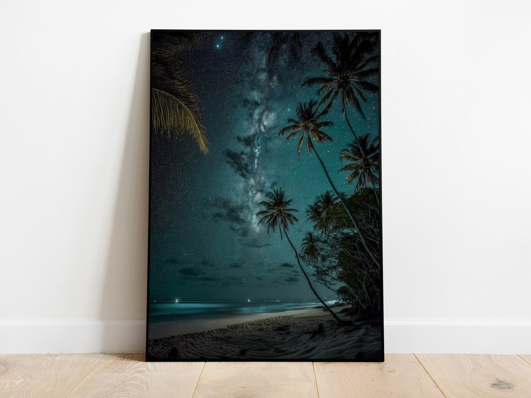 Tropical Beach Wall Art, Ocean Art, Palm Trees in Night Sky, Digital ...