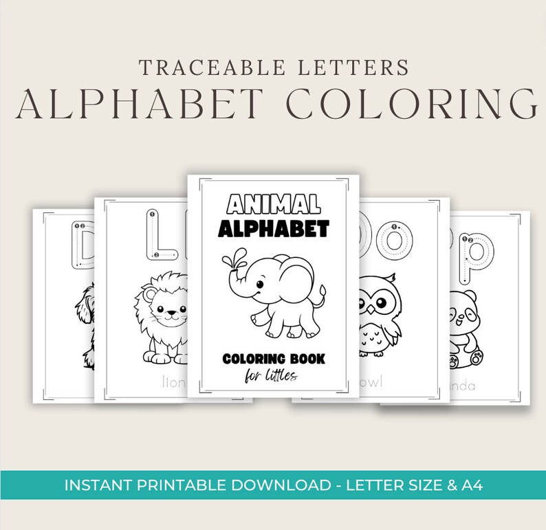Kids' Alphabet Animal Coloring Book Digital Download Traceable Letters ...