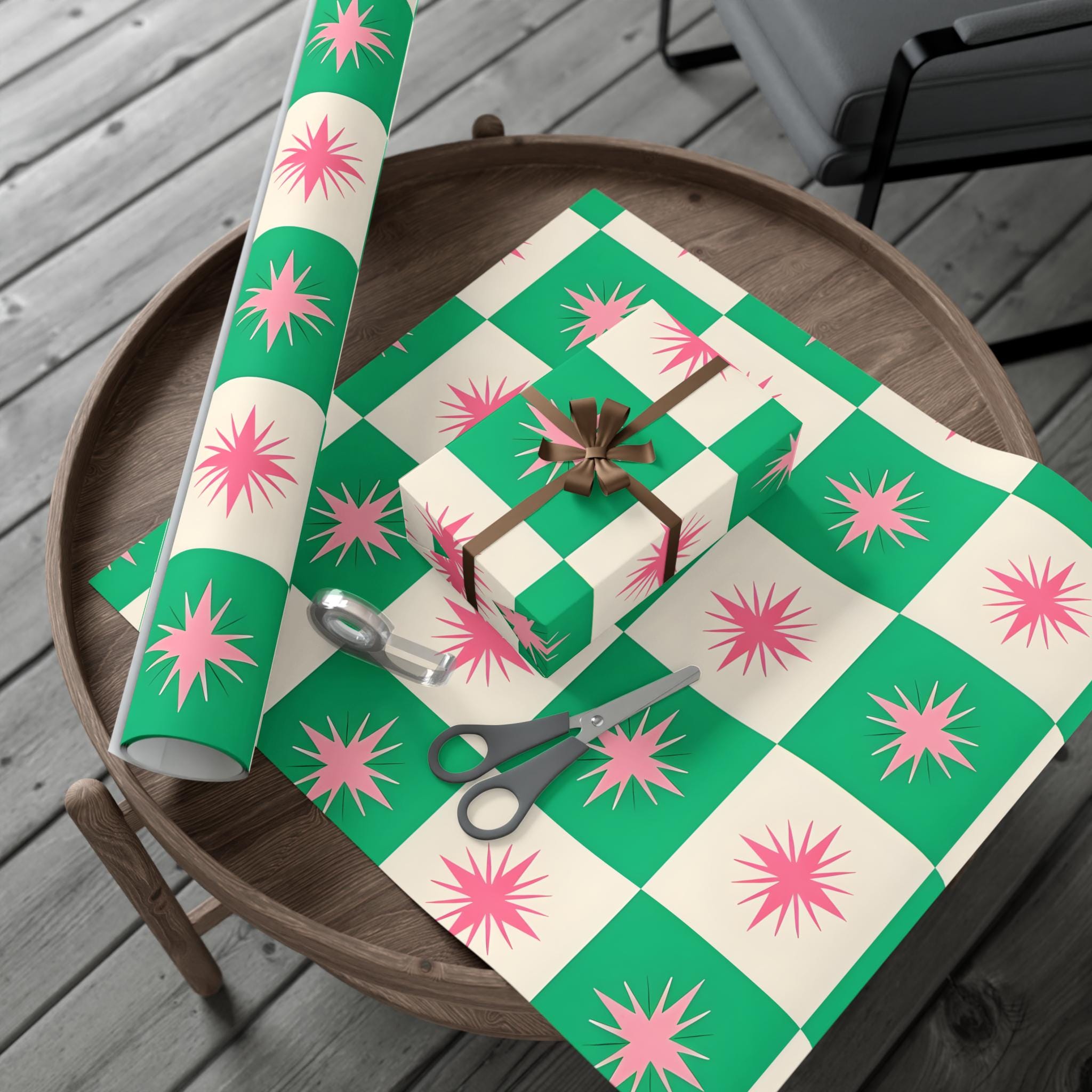 Wrapping Paper, Green Off-white Checkered Pink Star Holiday Gift Wrap ...