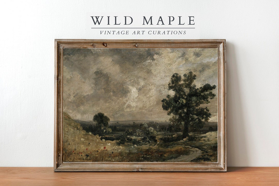 Vintage Muted Green Landscape Oil Painting, PRINTABLE Country Field ...