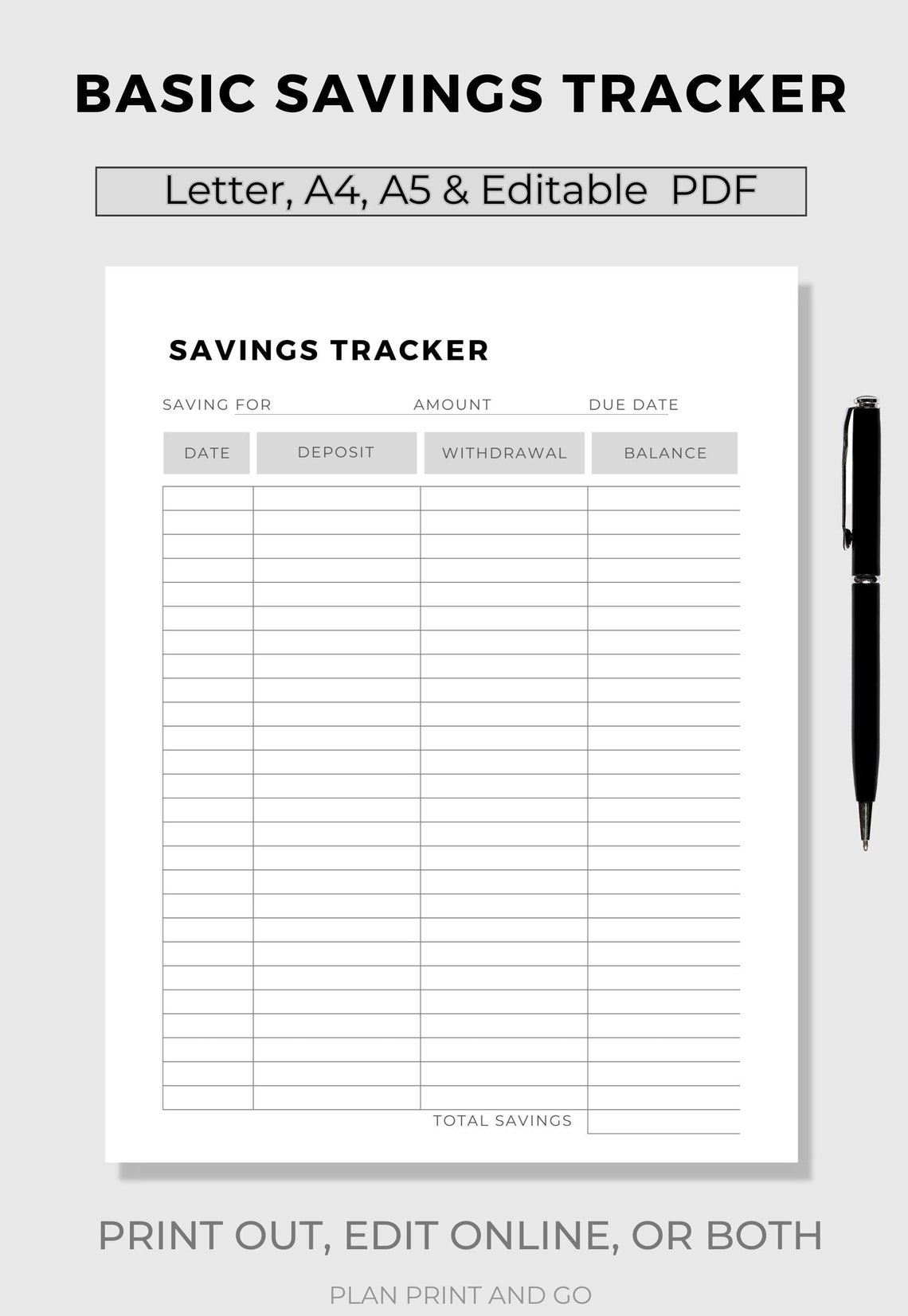 Basic Savings Tracker, Savings Log, Money Savings, Financial Planning ...