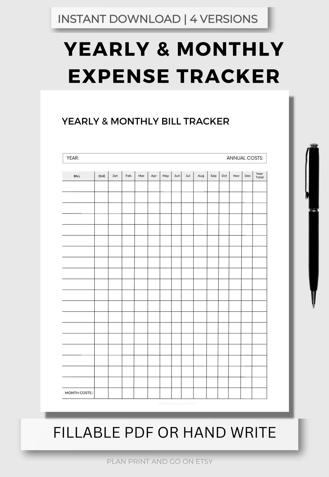Yearly and Monthly Expense Tracker, Bill Tracker, Expense Log, Yearly ...