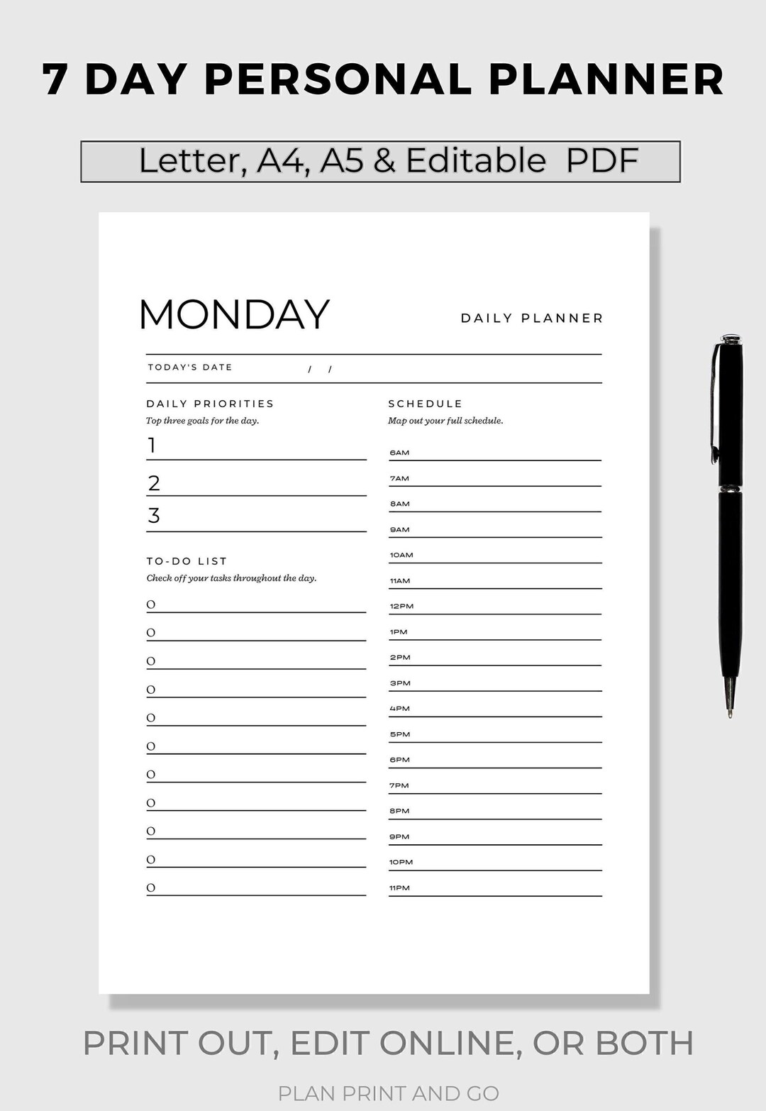 Printable 7 Day Daily Planner Fillable, Daily to Do List, Productivity ...