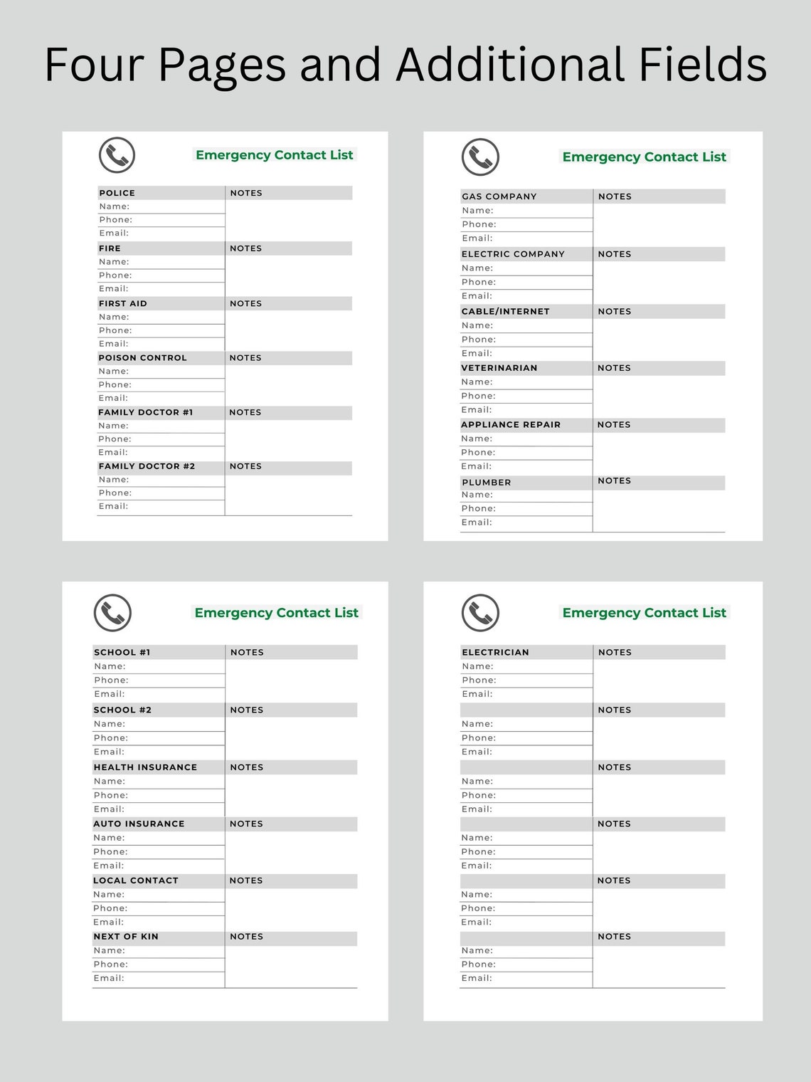 Emergency Contact List, Information for Nanny, Babysitter List ...