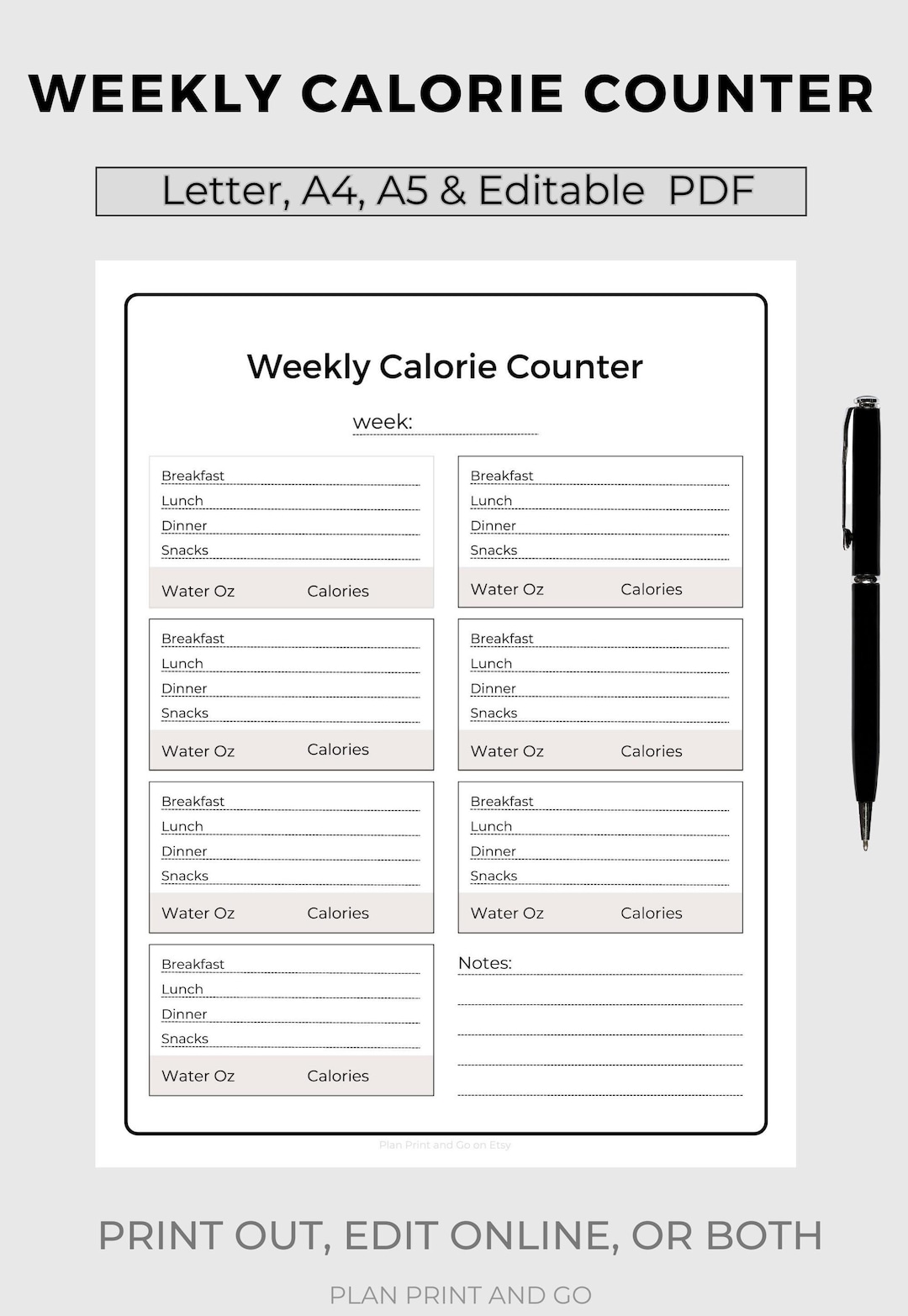 Weekly Calorie Counter, Daily Food Journal, Calorie Tracker, Food Diary ...