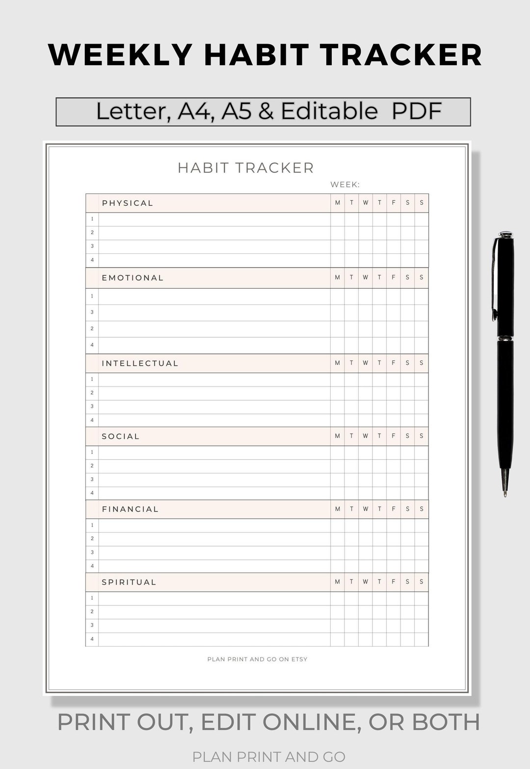 Weekly Habit Tracker Printable & Fillable, Weekly Habit Tracker ...