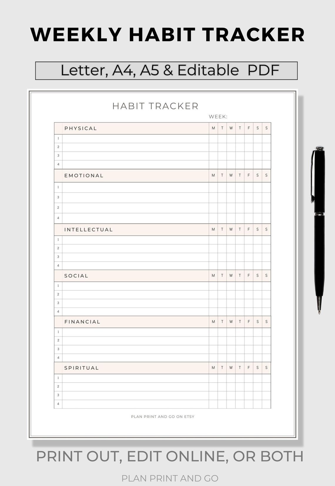 Weekly Habit Tracker Printable & Fillable, Weekly Habit Tracker ...