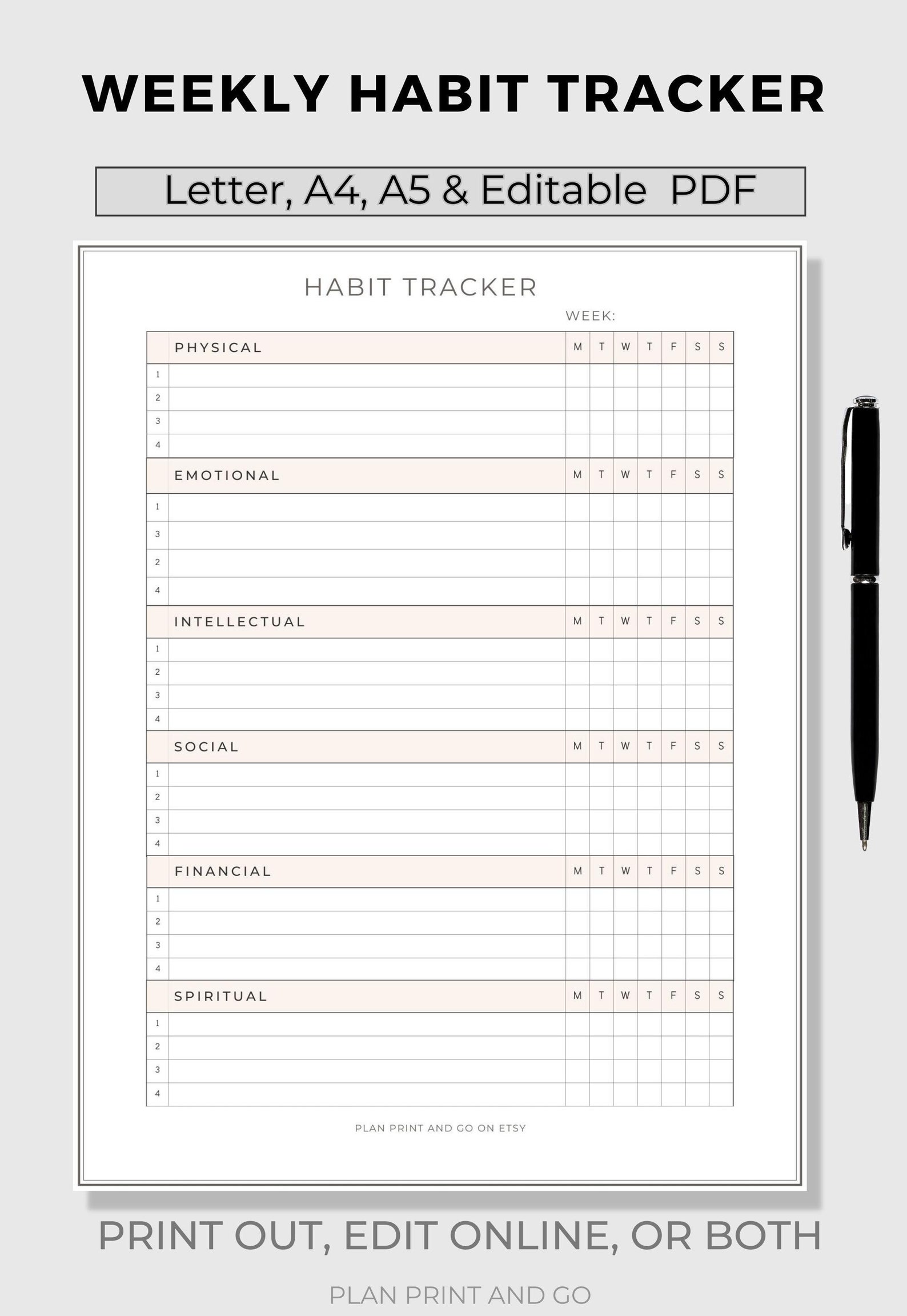 Weekly Habit Tracker Printable & Fillable, Weekly Habit Tracker ...