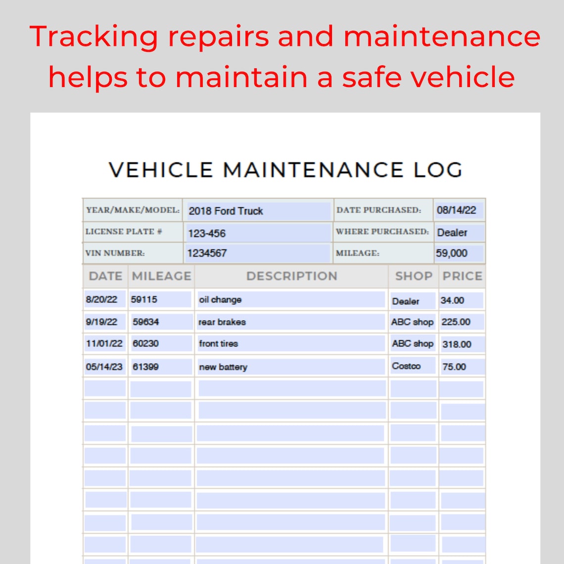Vehicle Maintenance Log, Vehicle Expense Tracker, Vehicle Service ...