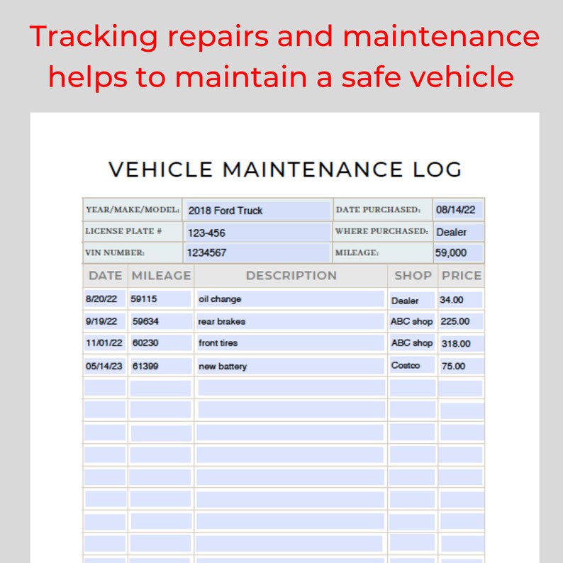 Vehicle Maintenance Log, Vehicle Expense Tracker, Vehicle Service ...