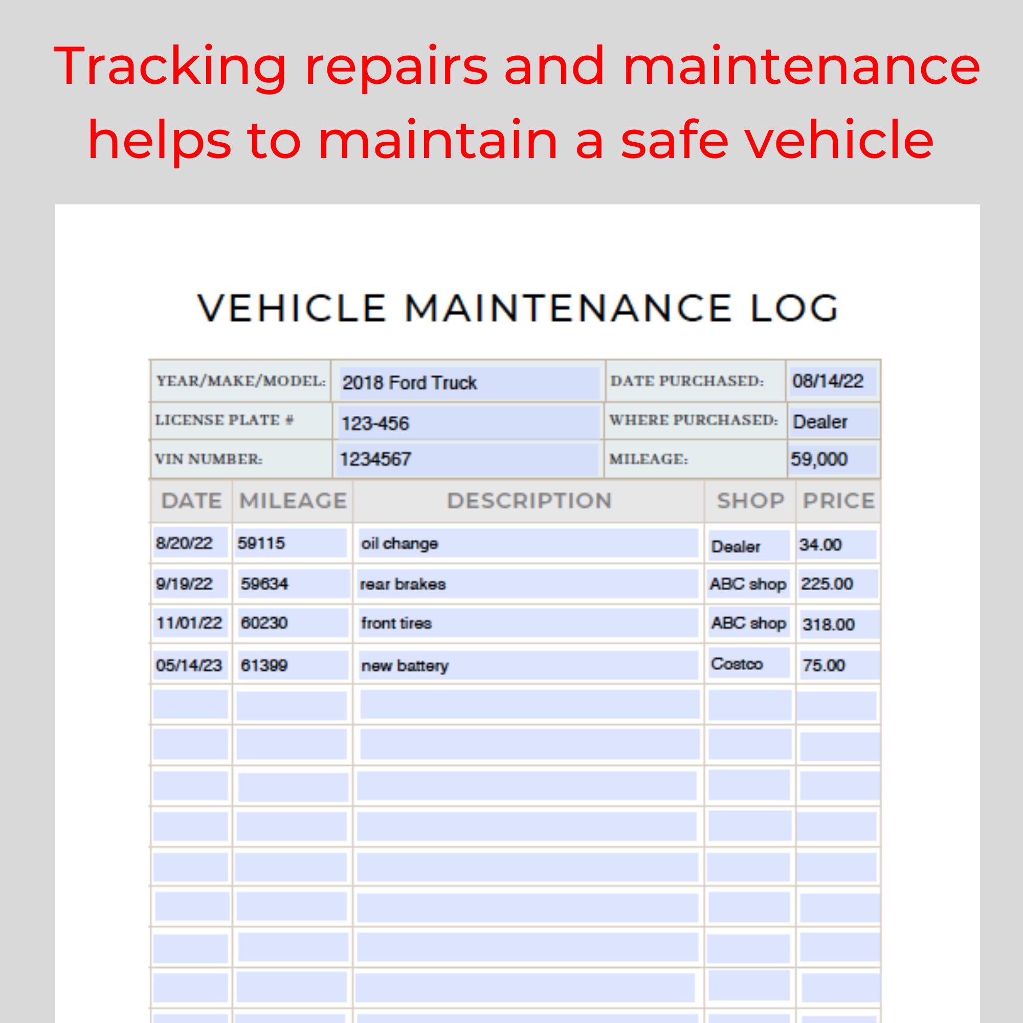 Vehicle Maintenance Log, Vehicle Expense Tracker, Vehicle Service ...