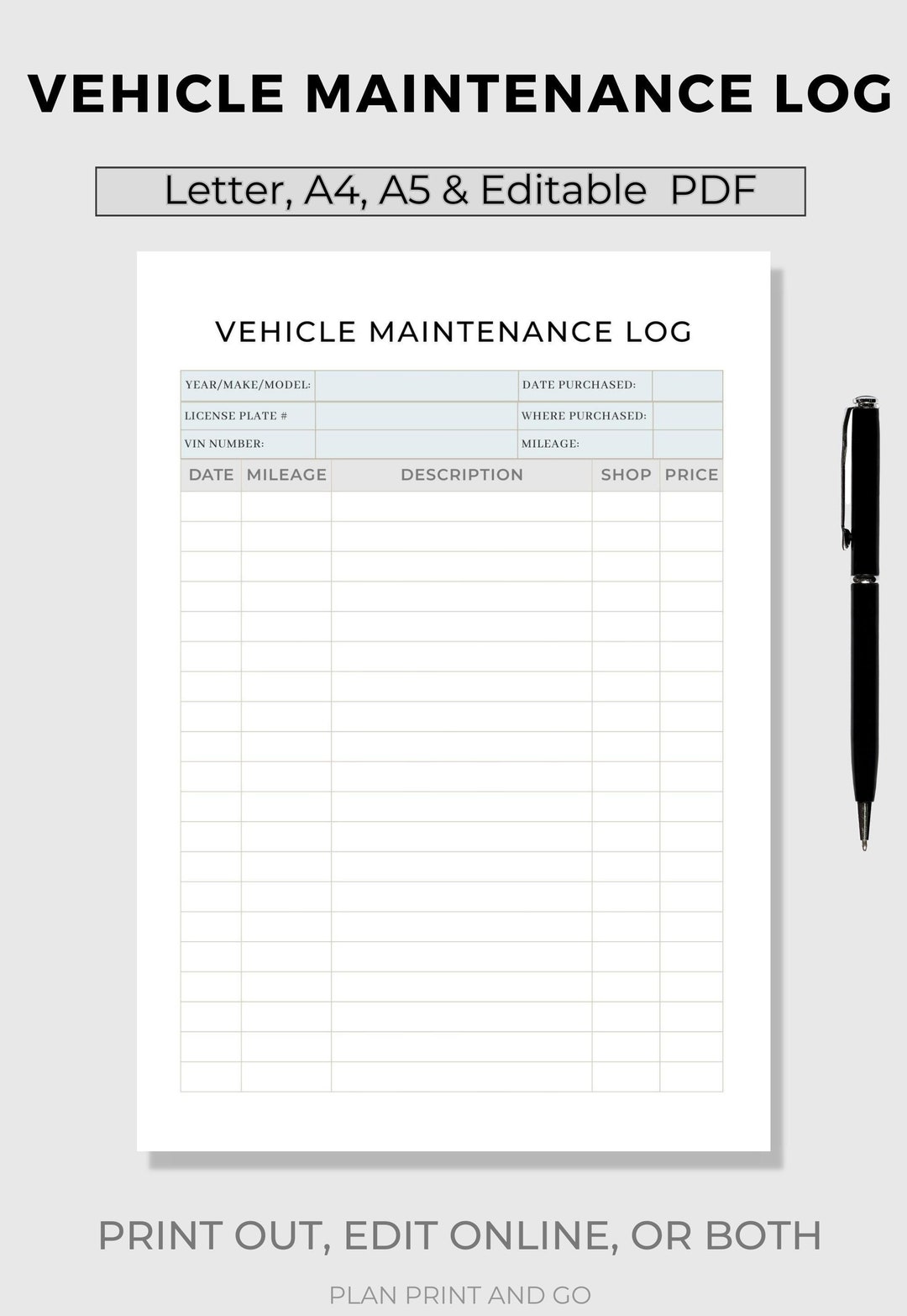Vehicle Maintenance Log, Vehicle Expense Tracker, Vehicle Service ...