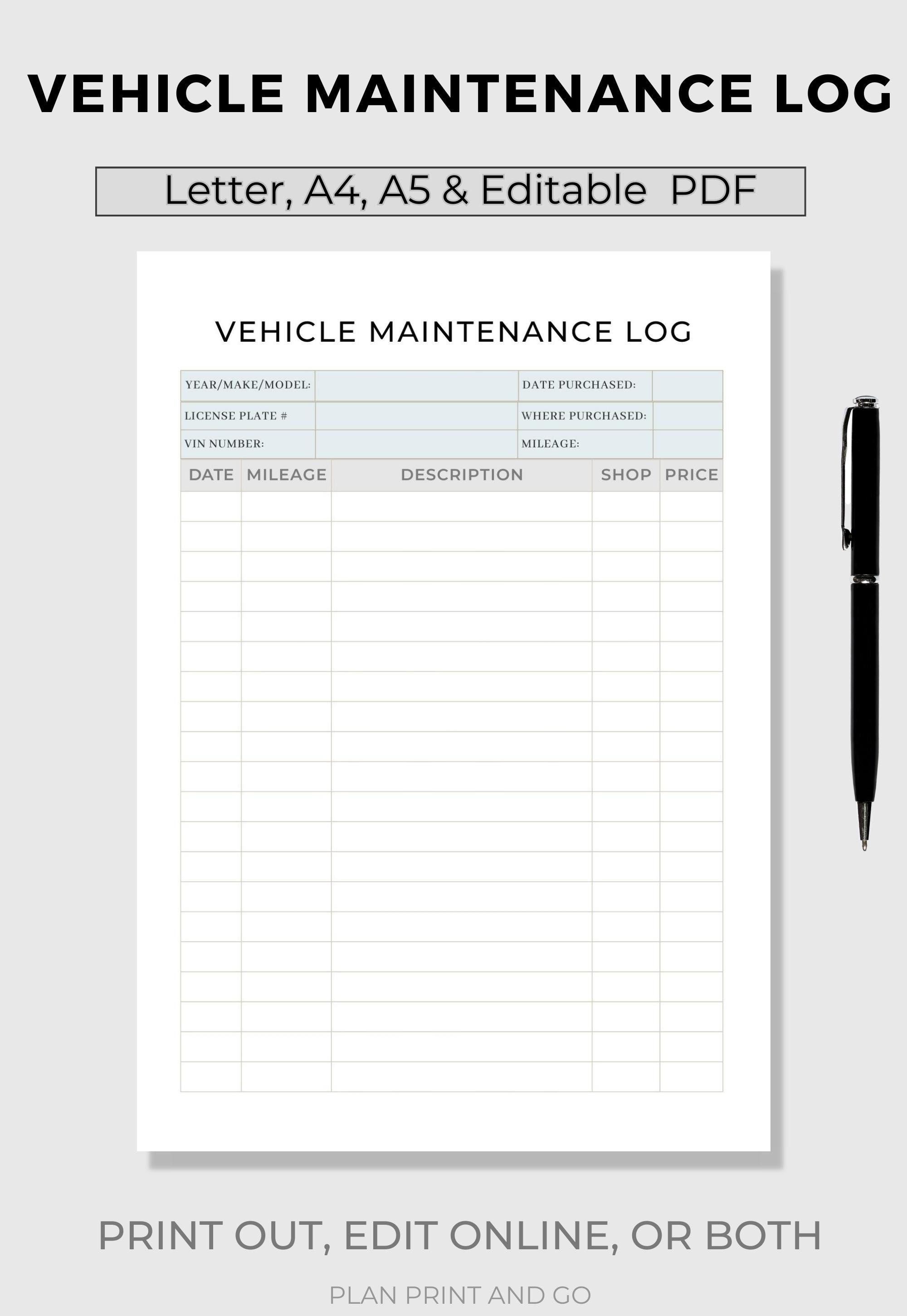 Vehicle Maintenance Log, Vehicle Expense Tracker, Vehicle Service ...