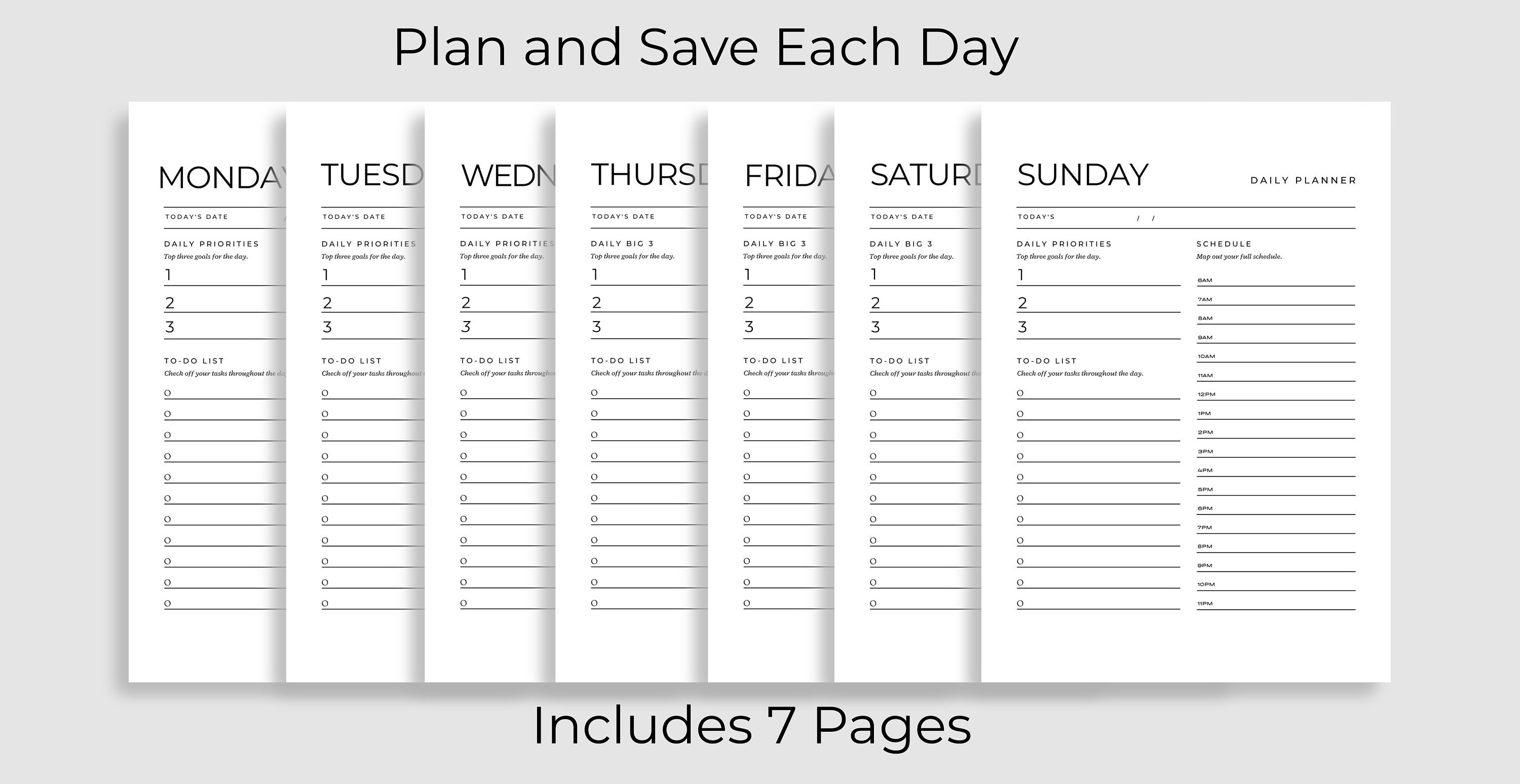 Printable 7 Day Daily Planner Fillable, Daily to Do List, Productivity ...