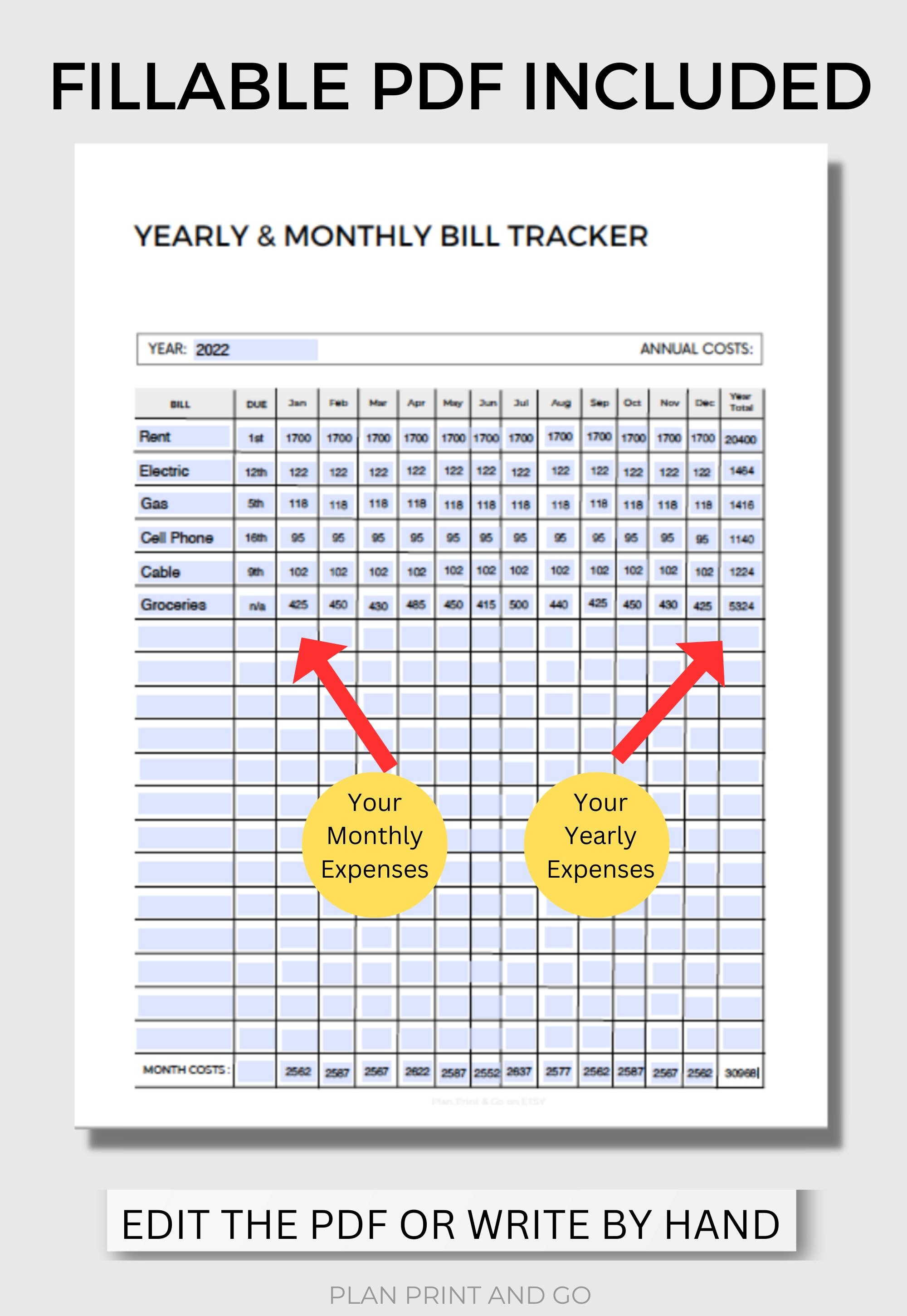 Yearly and Monthly Expense Tracker, Bill Tracker, Expense Log, Yearly ...