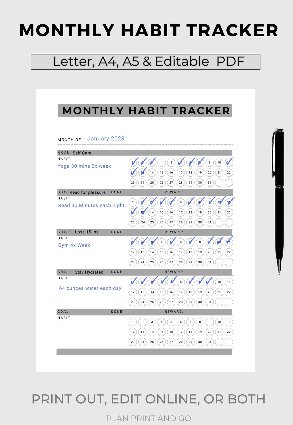 Monthly Habit Tracker Printable & Fillable, Monthly Habit Tracker ...