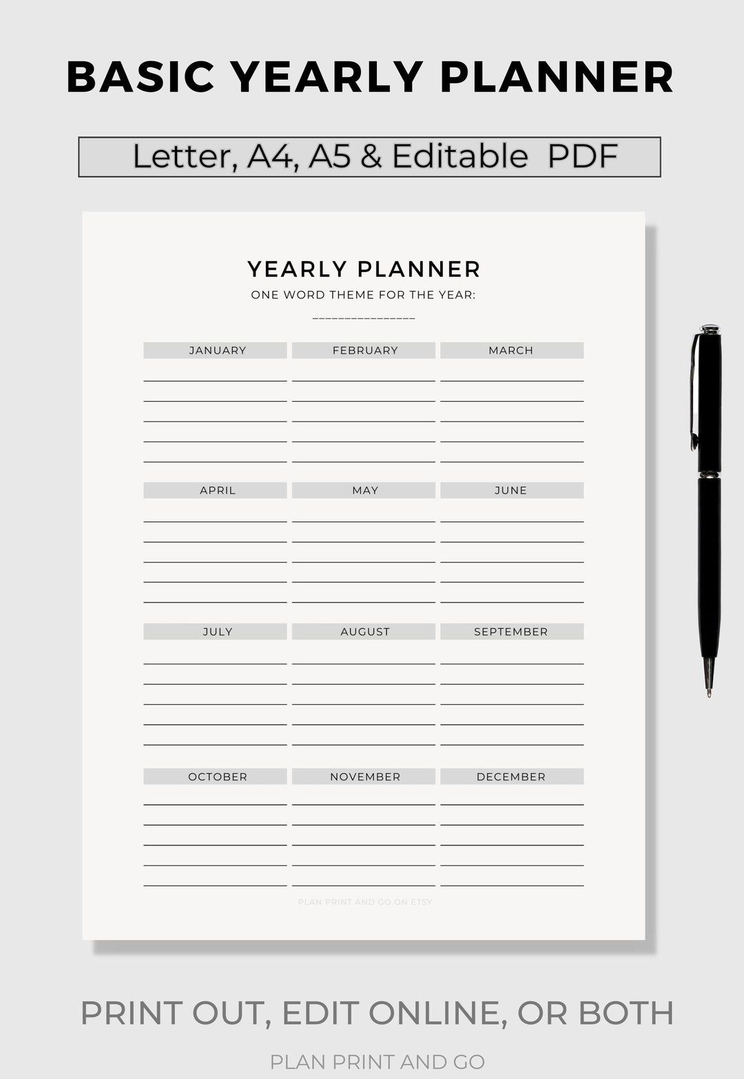 Basic Yearly Planner, Annual Planner - Etsy