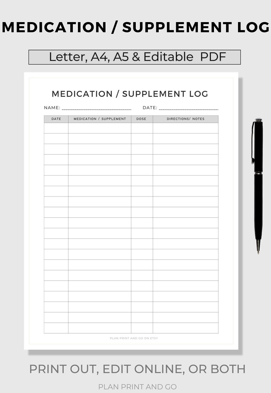 Medication or Supplement Log. Record Dates, Type, Dosage & Notes for ...