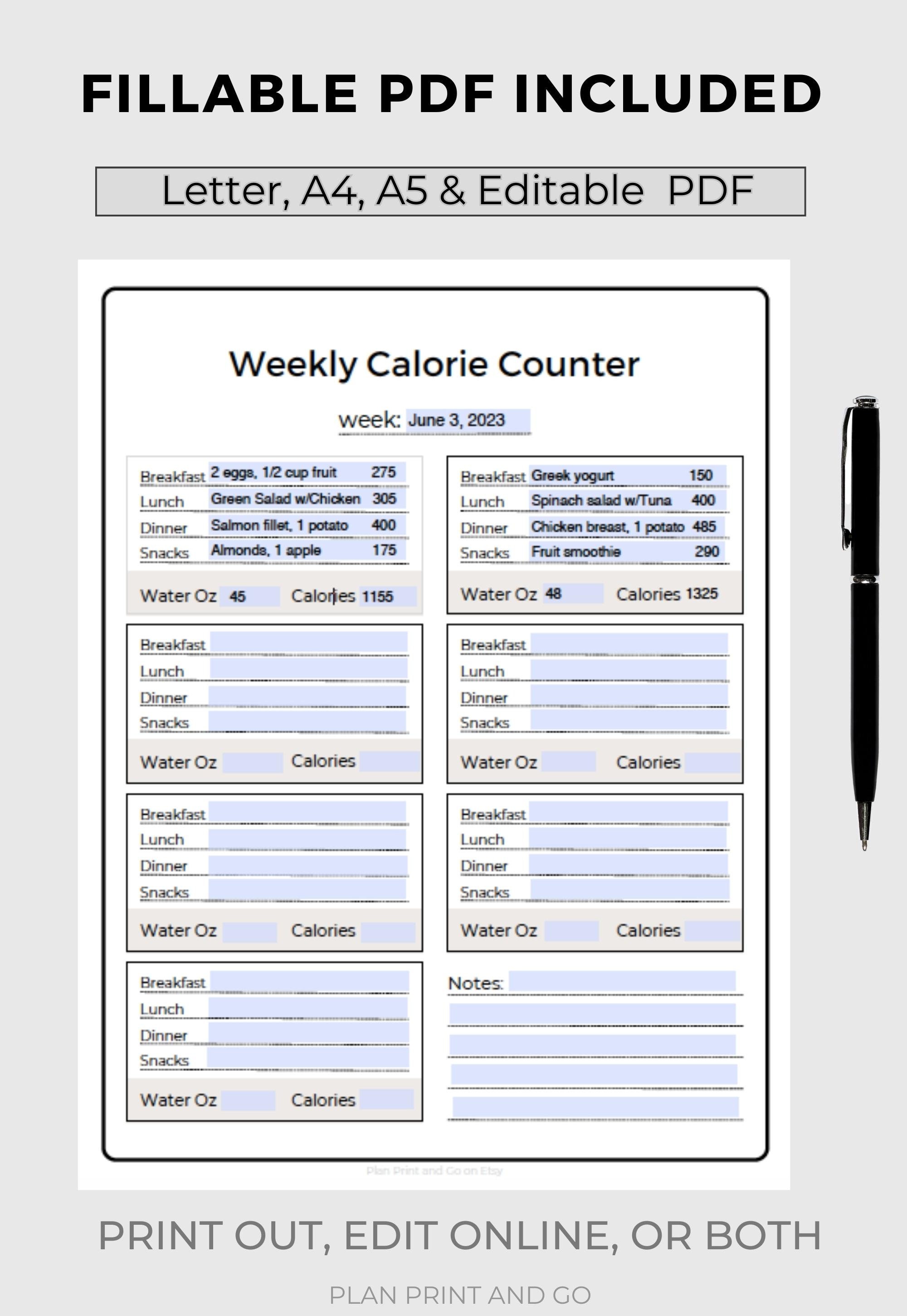 Weekly Calorie Counter, Daily Food Journal, Calorie Tracker, Food Diary ...