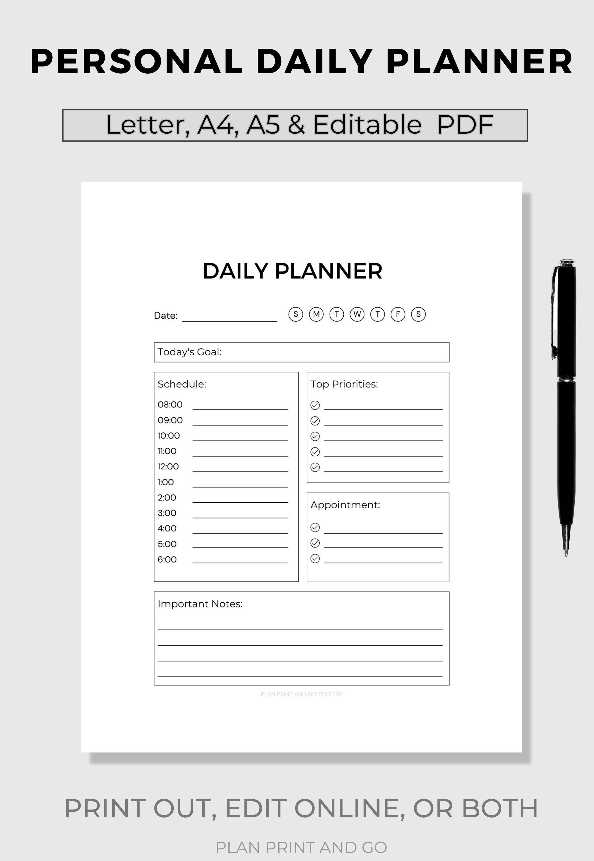 Personal Planner, Printable Daily Planner Fillable, Daily to Do List ...