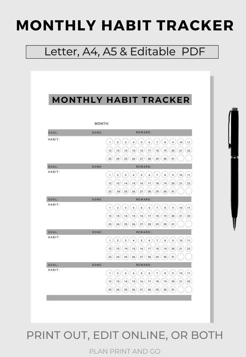 Monthly Habit Tracker Printable & Fillable, Monthly Habit Tracker ...