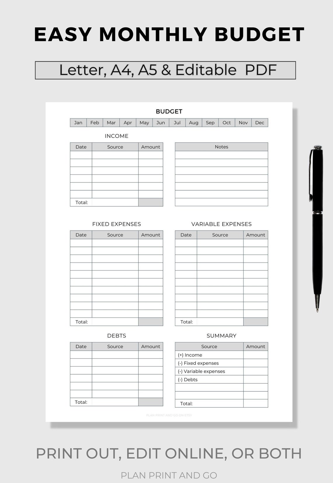 Monthly Budget Planner Printable & Fillable PDF, Paycheck Budget ...