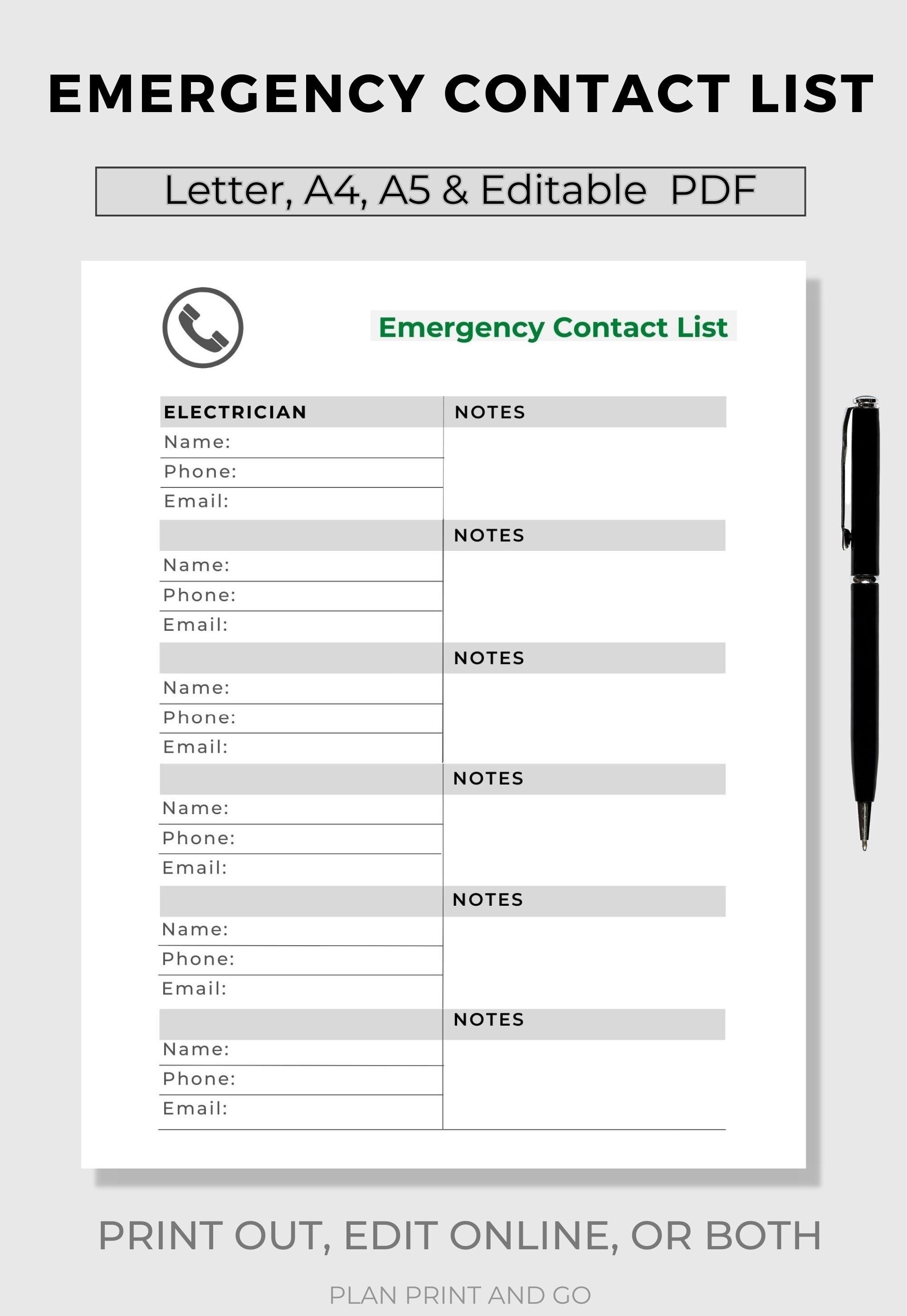 Emergency Contact List, Information for Nanny, Babysitter List ...
