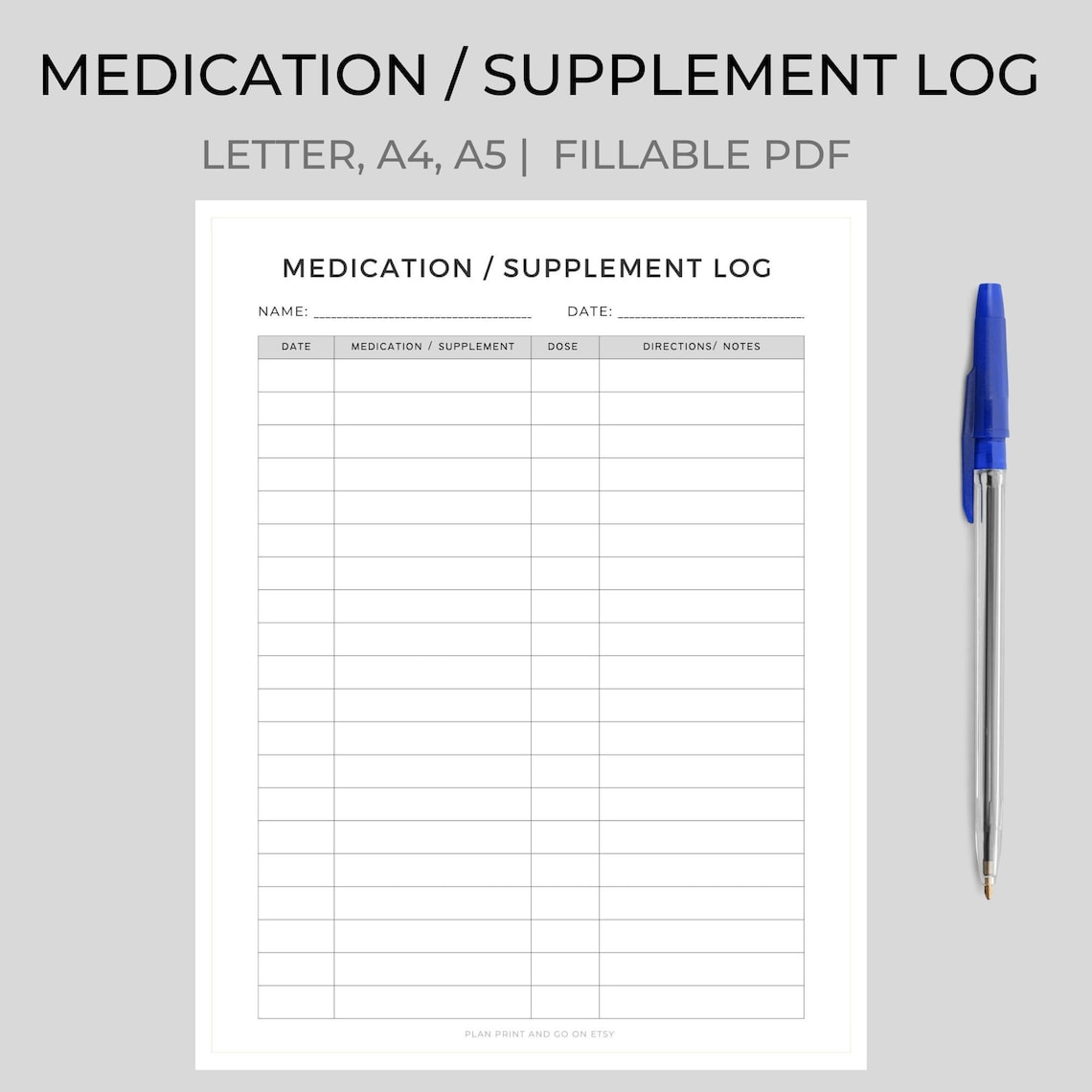 Medication or Supplement Log. Record Dates, Type, Dosage & Notes for ...