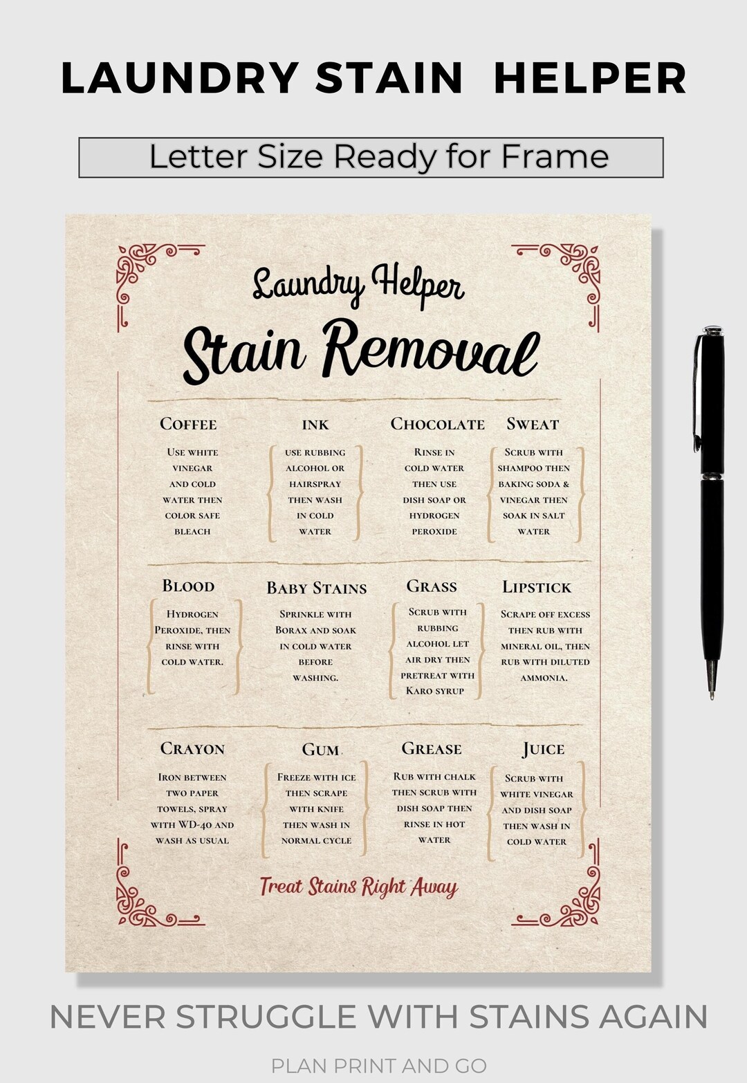 Laundry Stain Removal Guide, Laundry Wall Sign, Stain Treatment ...