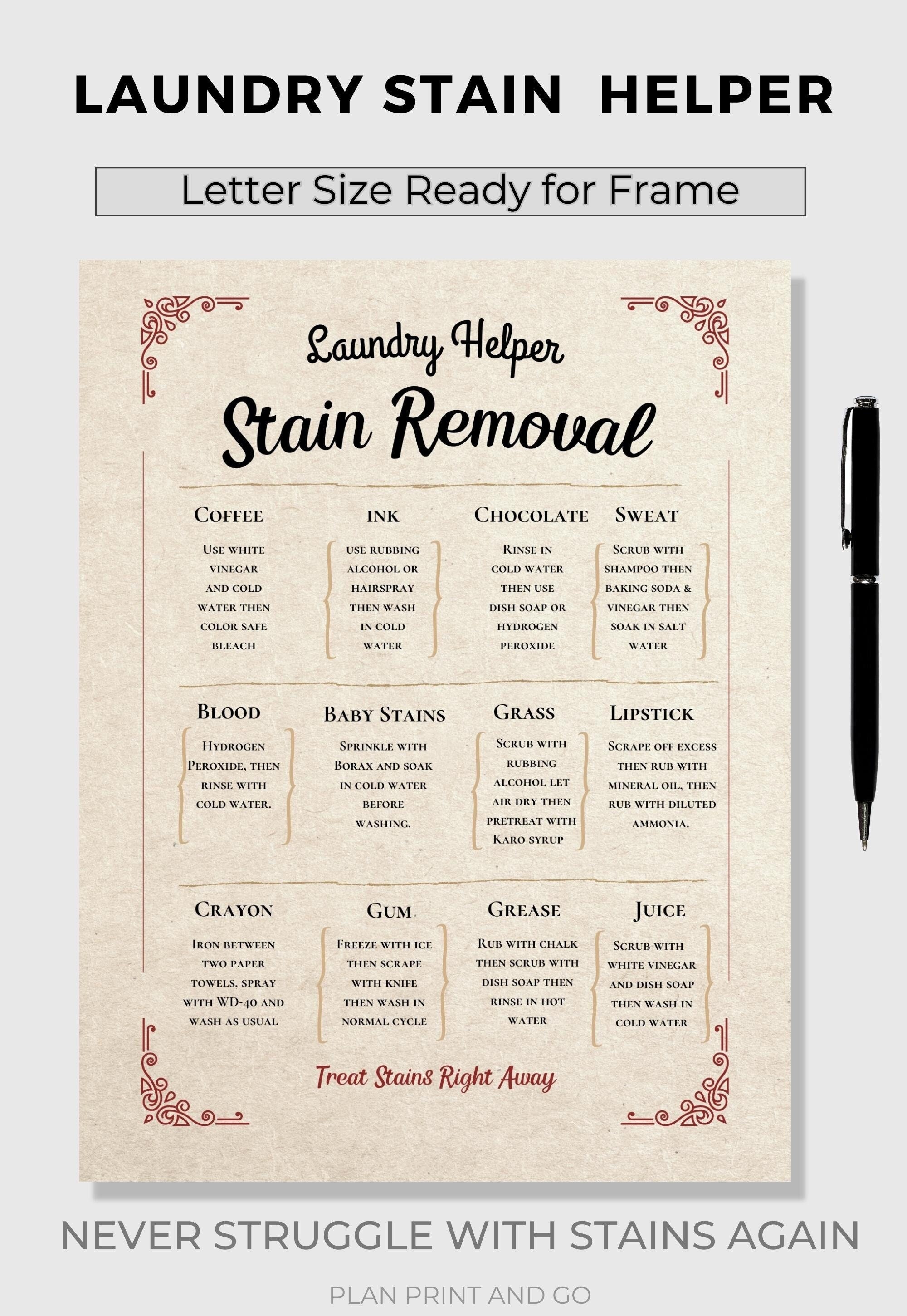 Laundry Stain Removal Guide, Laundry Wall Sign, Stain Treatment ...