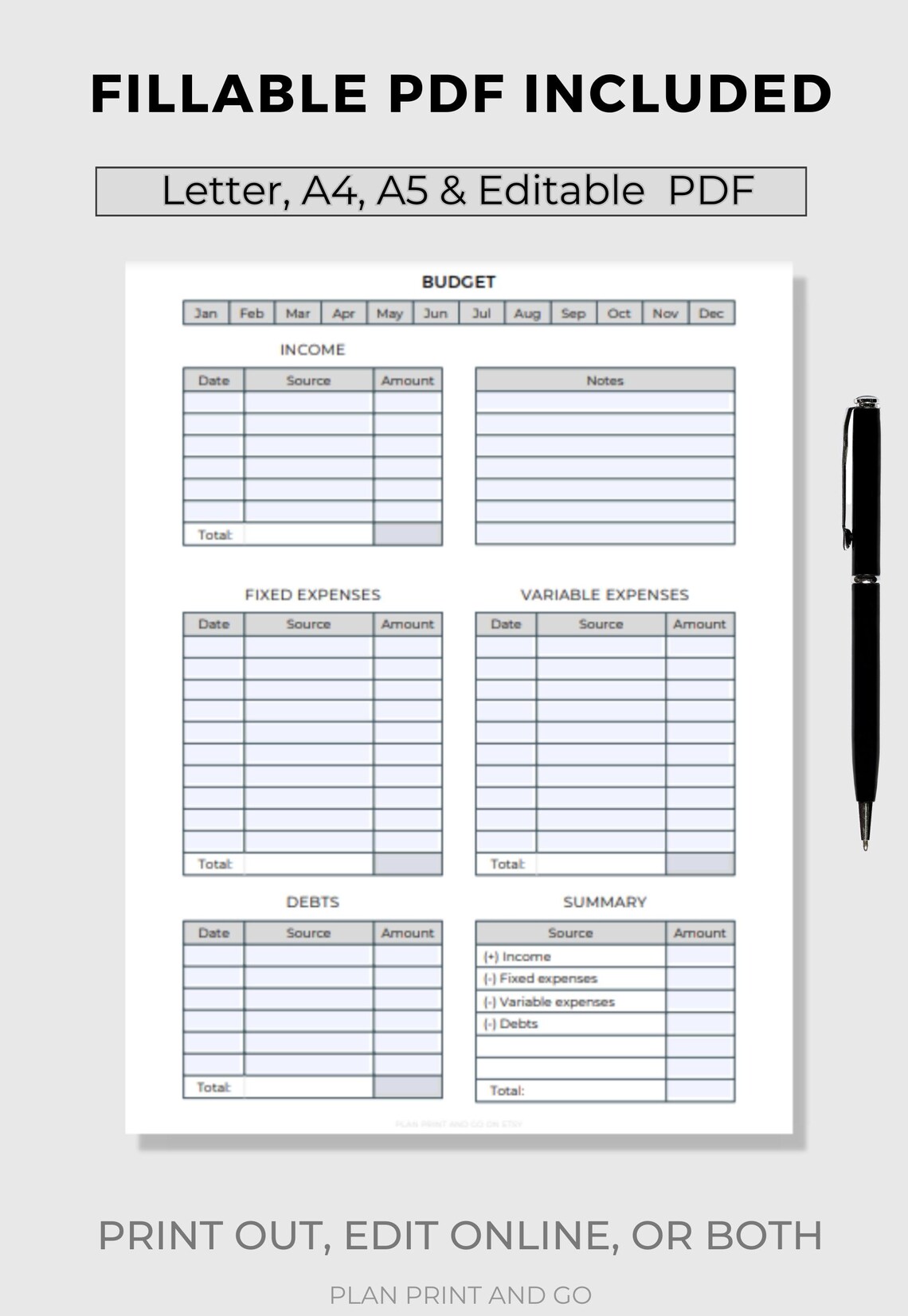 Monthly Budget Planner Printable & Fillable PDF, Paycheck Budget ...