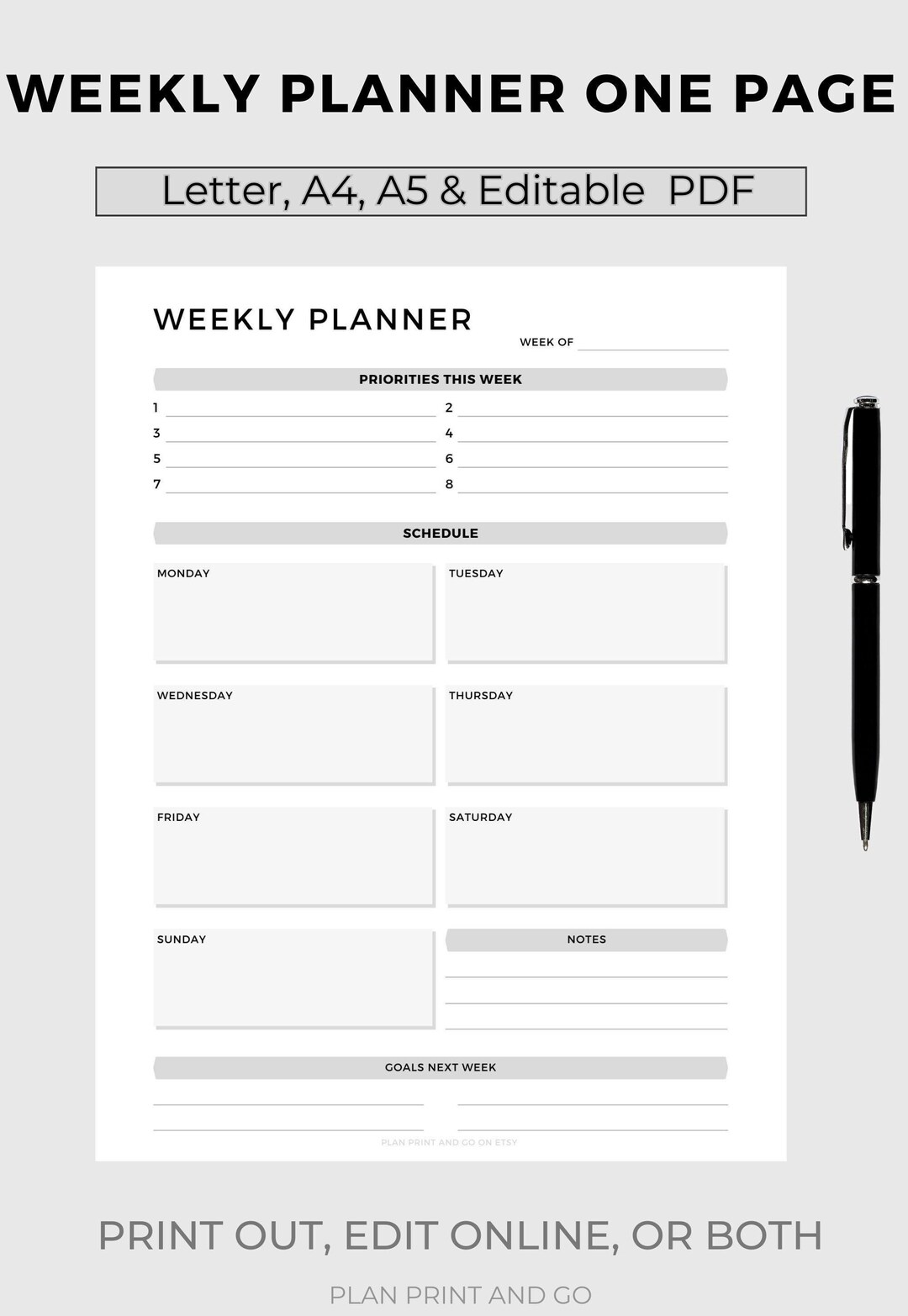 Weekly Planner - One Page - Etsy