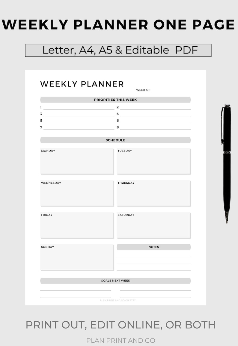 Weekly Planner - One Page - Etsy