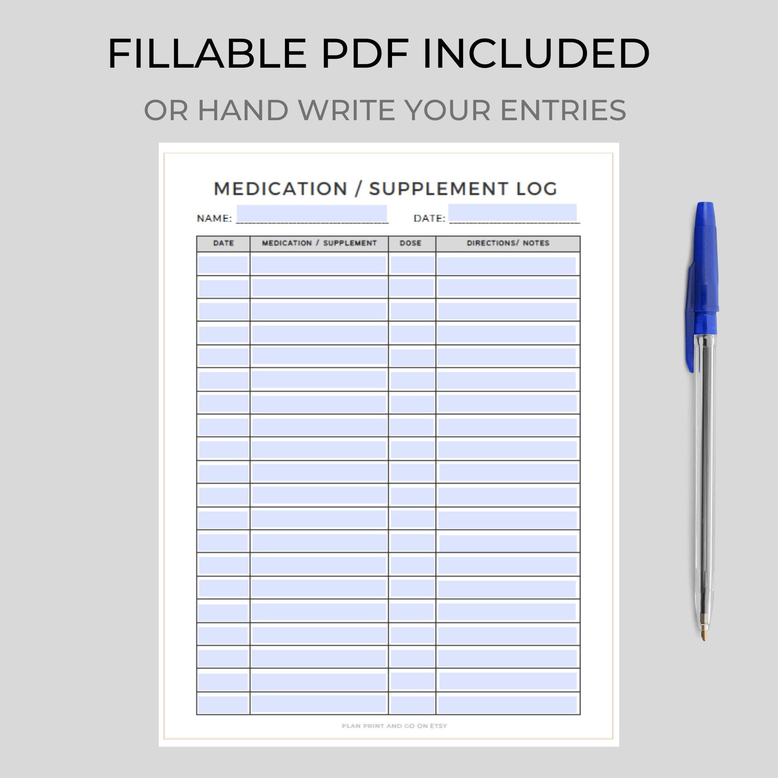 Medication or Supplement Log. Record Dates, Type, Dosage & Notes for ...