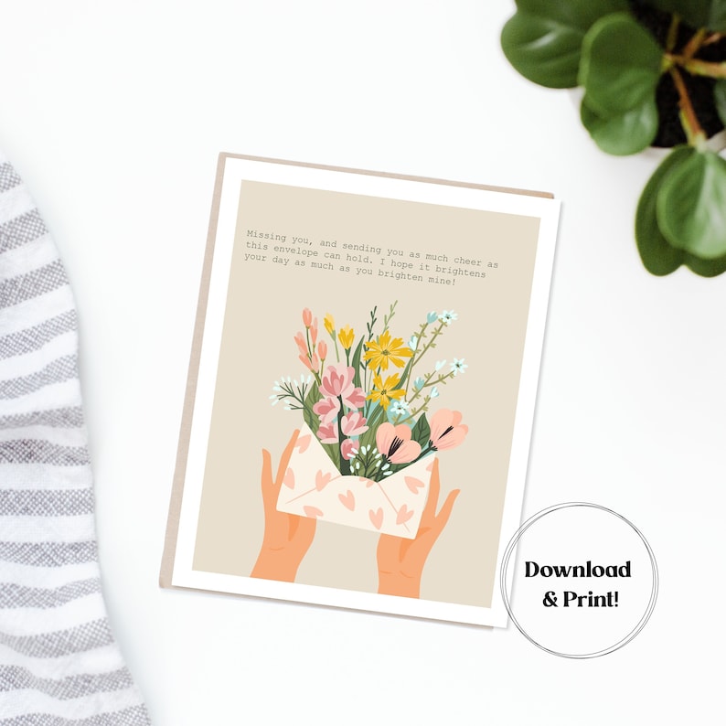 Missing You Card Printable Instant Download Envelope Of Flowers Card
