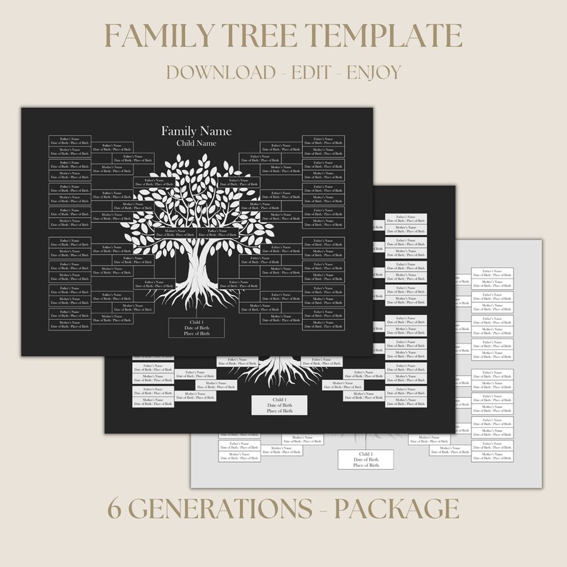 Editable 6 Generation Family Tree Chart Package, DIY Genealogy Chart ...