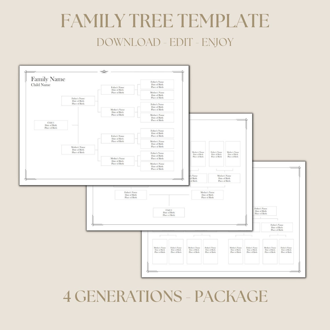 Family Tree for 4 Generations, Printable Family Tree Template, Editable ...